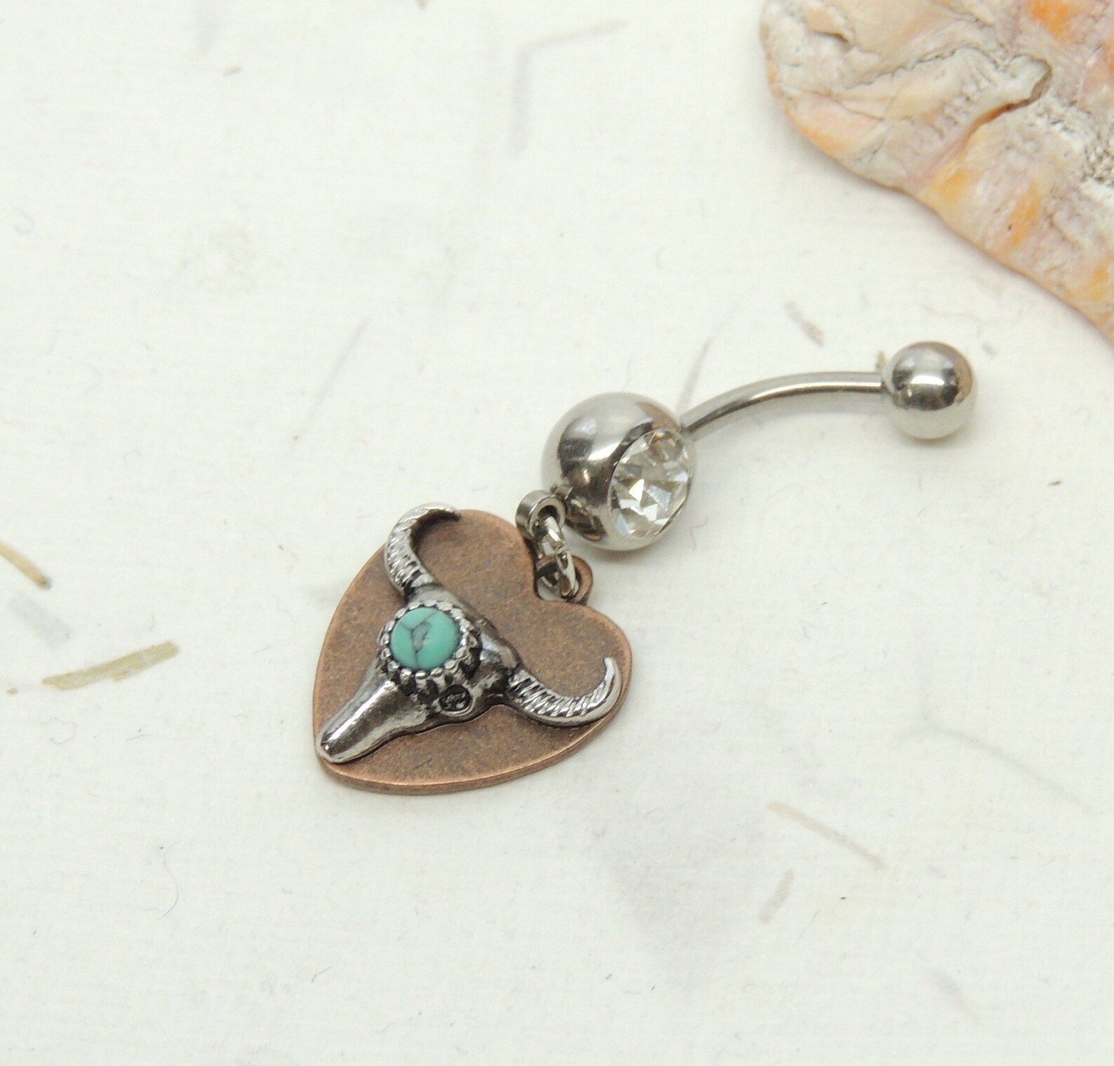 Western Cow Skull Dangle Belly Ring with Turquoise Skull | Etsy