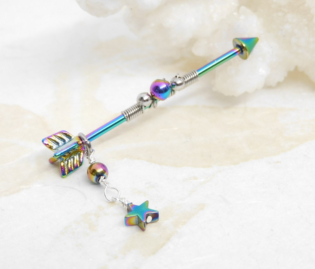 14g Rainbow Steel Arrow Industrial Barbell With Star Dangle, Scaffold ...