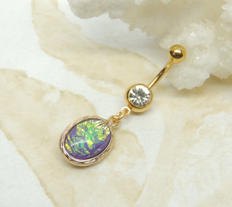 Opal Sparkle Gold Dangle Belly Ring You Choose Color | Etsy