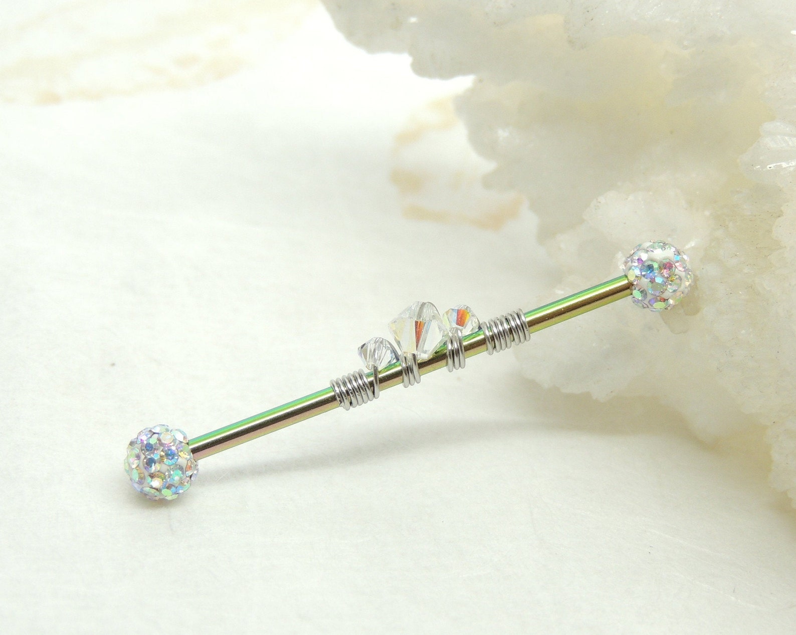 Aurora Borealis Wire Wrapped Industrial Barbell, Scaffold Ear Earring ...