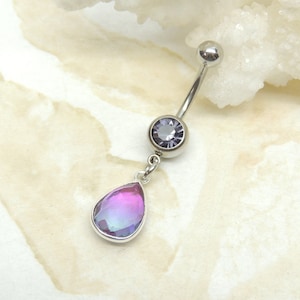 Purple Blue Ombre Quartz Belly Ring, Teardrop Belly Ring, Dangle Belly ...