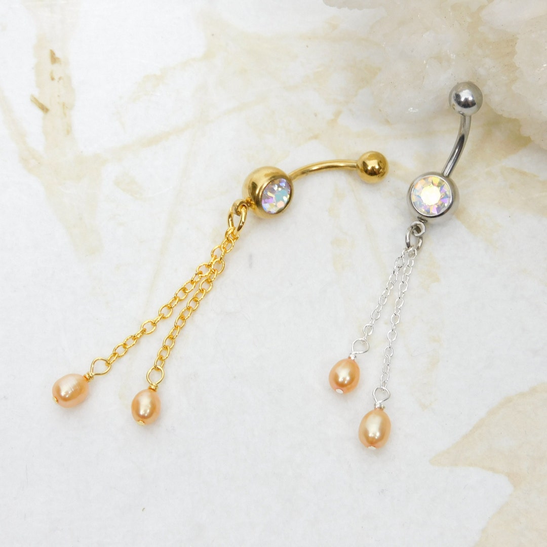 Apricot Pearl Dangle Belly Ring, Belly Button Jewelry, 14g Curved ...