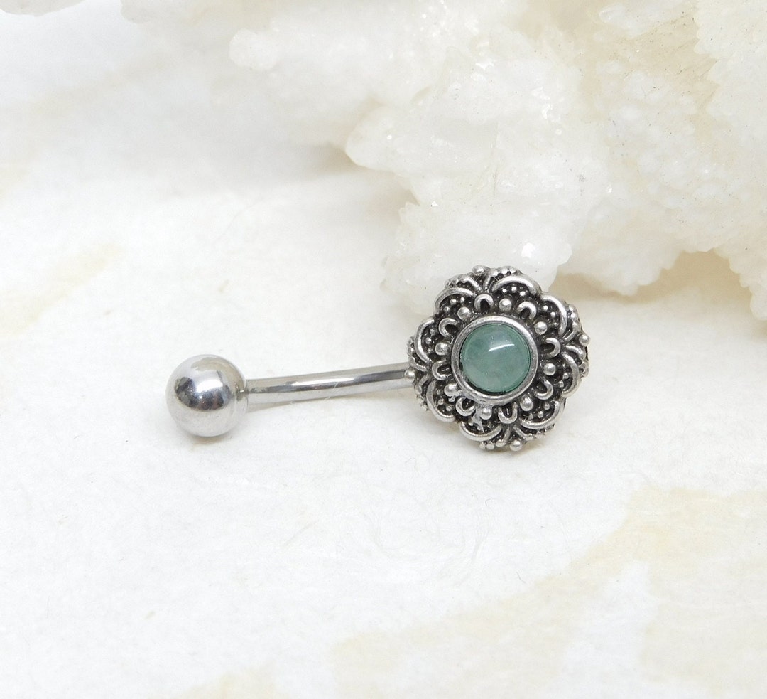 Green Aventurine Vintage Floral Belly Ring With Custom Bar Length ...