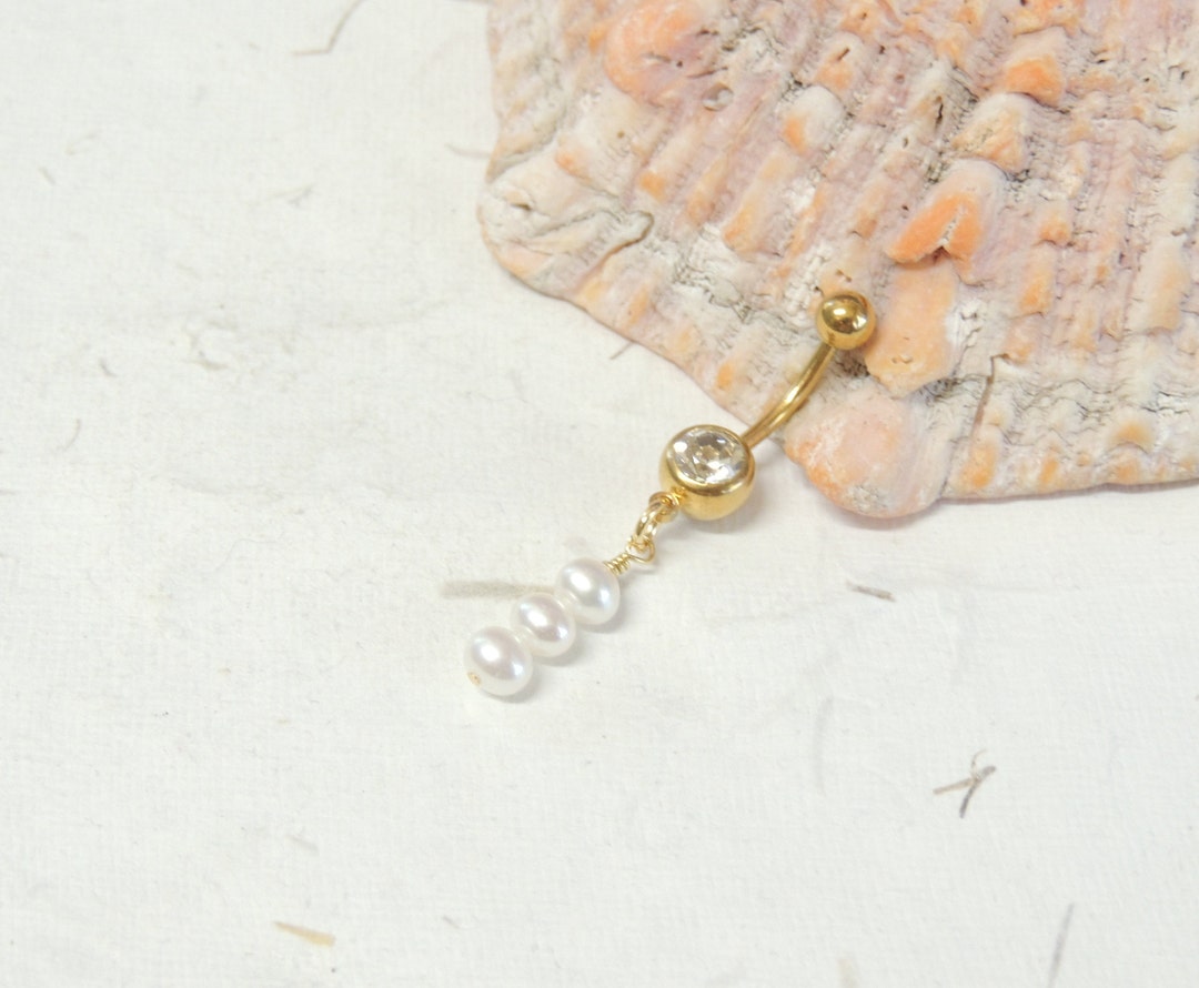 Triple White Pearl Dangle Belly Ring, Belly Button Jewelry, Dangle ...