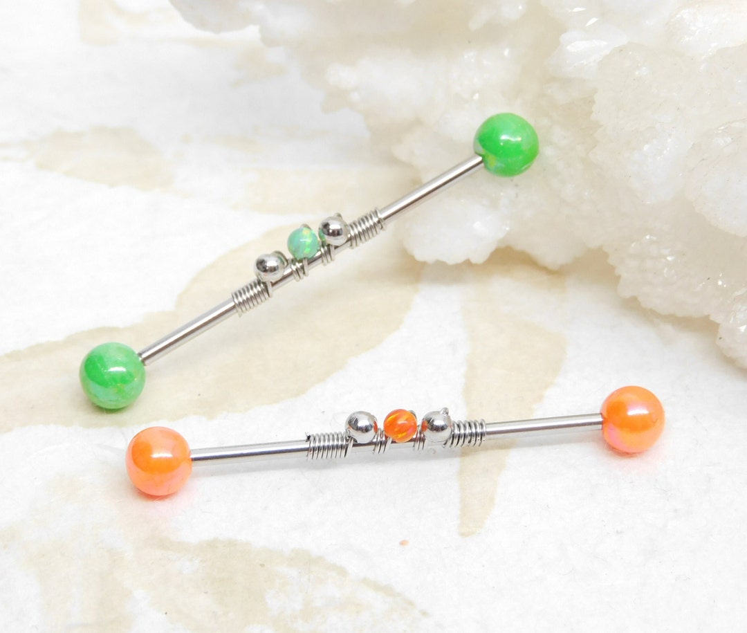 Wire Wrapped Opal Industrial Barbell, Scaffold Earring, Industrial Piercings, Body Jewelry, 14g ...