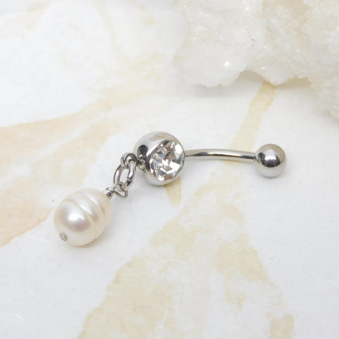 White Pearl Belly Ring You Choose Finish, Belly Button Jewelry, Dangle ...