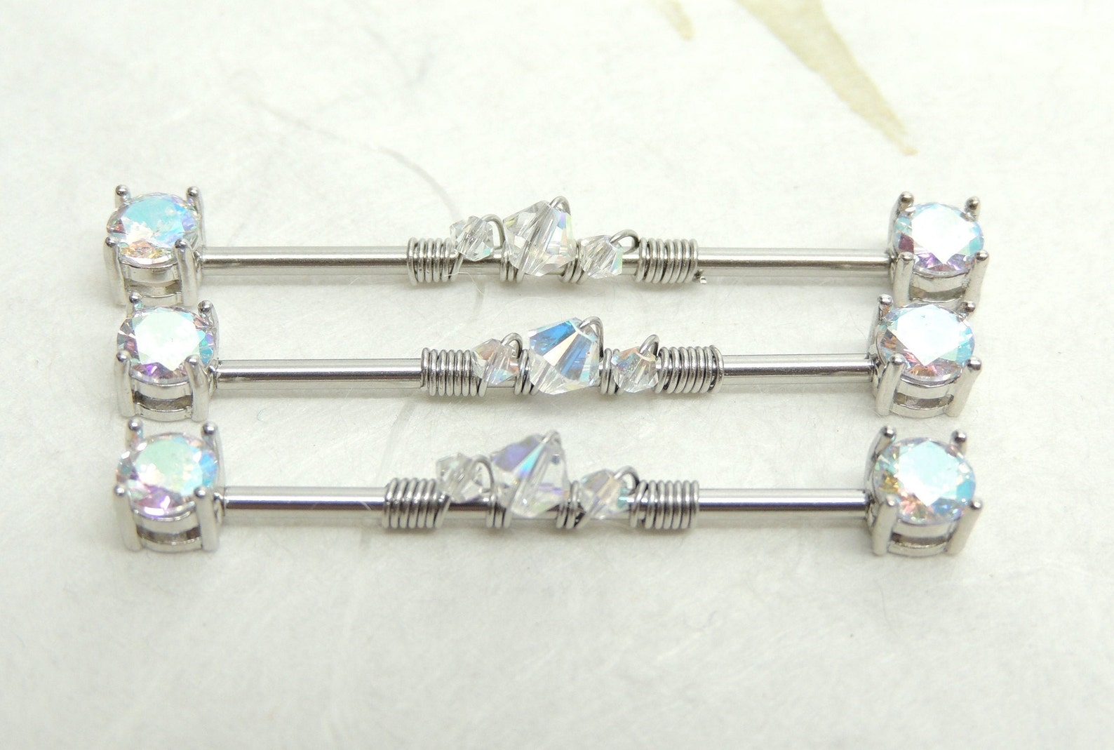 Aurora Borealis Wire Wrapped Industrial Barbell, Scaffold Ear Earring ...