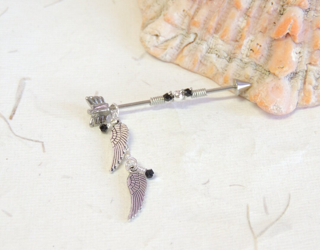 Angel Wing Industrial Barbell, 14g 16g Industrial Barbell, Scaffold Ear ...