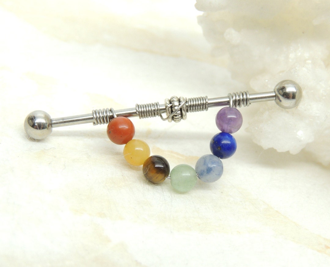 14g 16g Chakra Gemstone Interchangible Industrial Bar, Scaffold Ear Earring, Upper Ear Cartilage ...