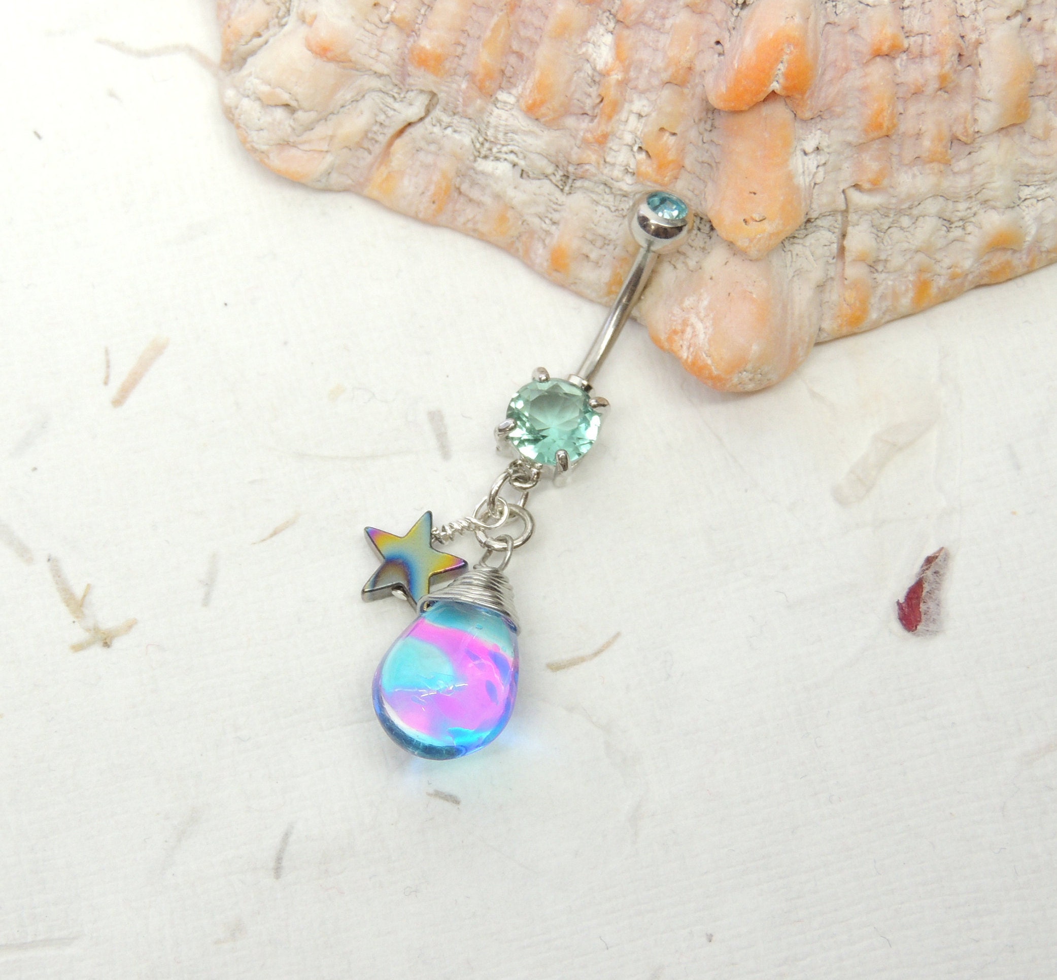 Wire Wrapped Teardrop Dangle Belly Ring With Rainbow Star, Belly Button ...