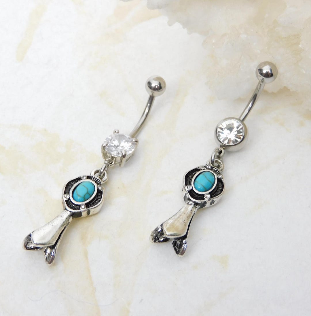 Squash Blossom Belly Ring With Turquoise Stone, 14g Surgical Steel ...