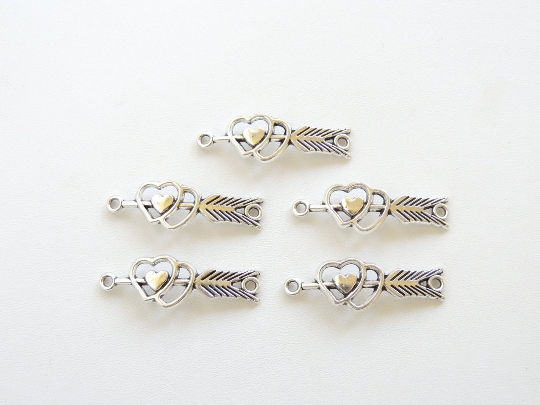 5 pc. Heart Arrow Charm, Pendant Feather Arrow Charms Connector ...