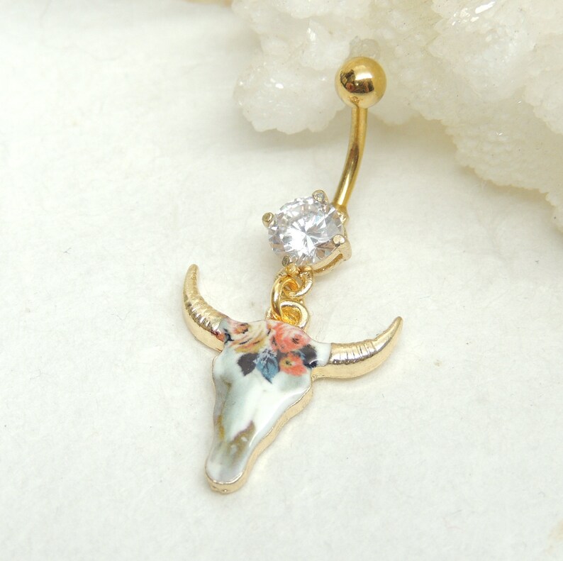 Boho Floral Cow Skull Dangle Belly Ring, Western Cow Skull Belly Ring ...
