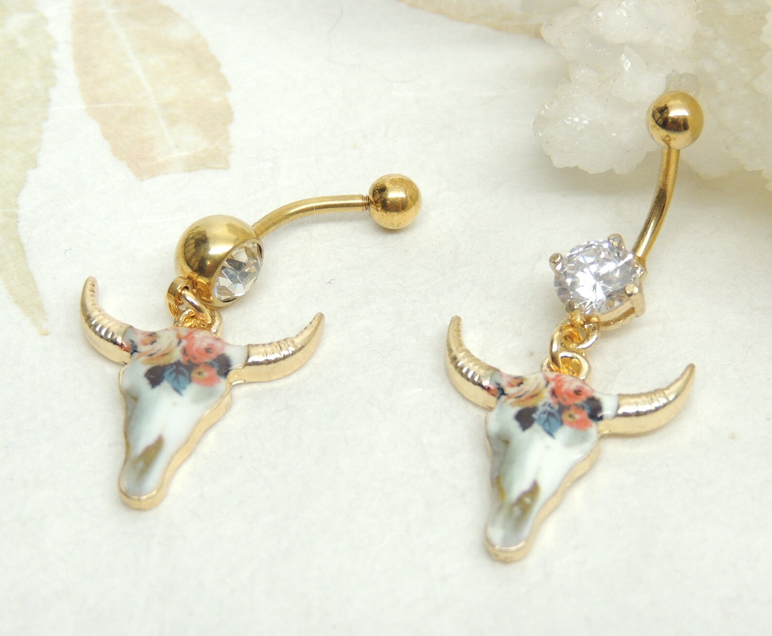Boho Floral Cow Skull Dangle Belly Ring, Western Cow Skull Belly Ring ...