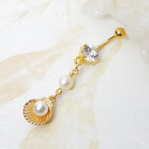 Gold Seashell Pearl Dangle Belly Ring, Nautical Beach Belly Ring, Navel ...