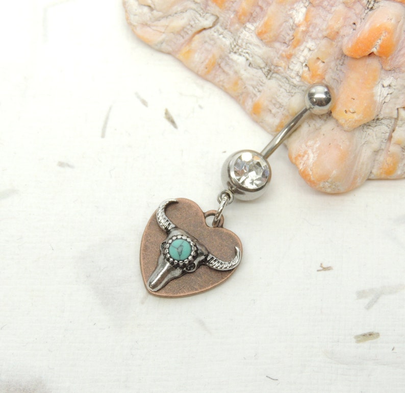 Western Cow Skull Dangle Belly Ring With Turquoise Skull - Etsy