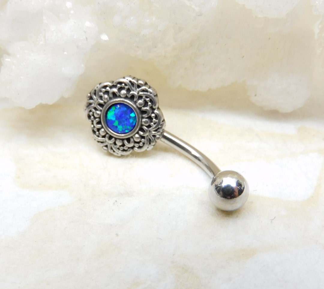 Blue Opal Belly Ring With Custom Bar Length, Opal Belly Rings, Non ...