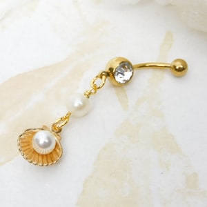 Gold Seashell Pearl Dangle Belly Ring, Nautical Beach Belly Ring, Navel ...