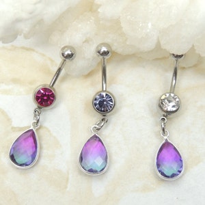 Purple Blue Ombre Quartz Belly Ring, Teardrop Belly Ring, Dangle Belly ...