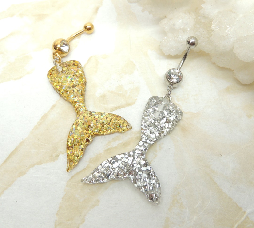 Silver Gold Mermaid Tail Belly Button Ring, Dangle Belly Ring, Nautical ...