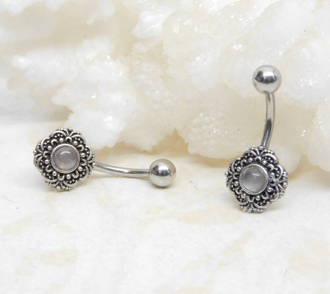 Rose Quartz Vintage Floral Belly Ring With Custom Bar Length, Gemstone ...