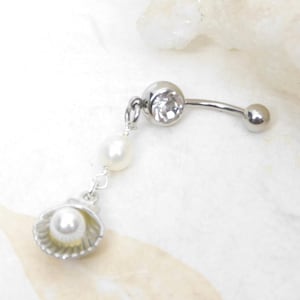 Gold Seashell Pearl Dangle Belly Ring, Nautical Beach Belly Ring, Navel ...