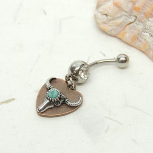 Western Cow Skull Dangle Belly Ring With Turquoise, Skull Belly Ring ...