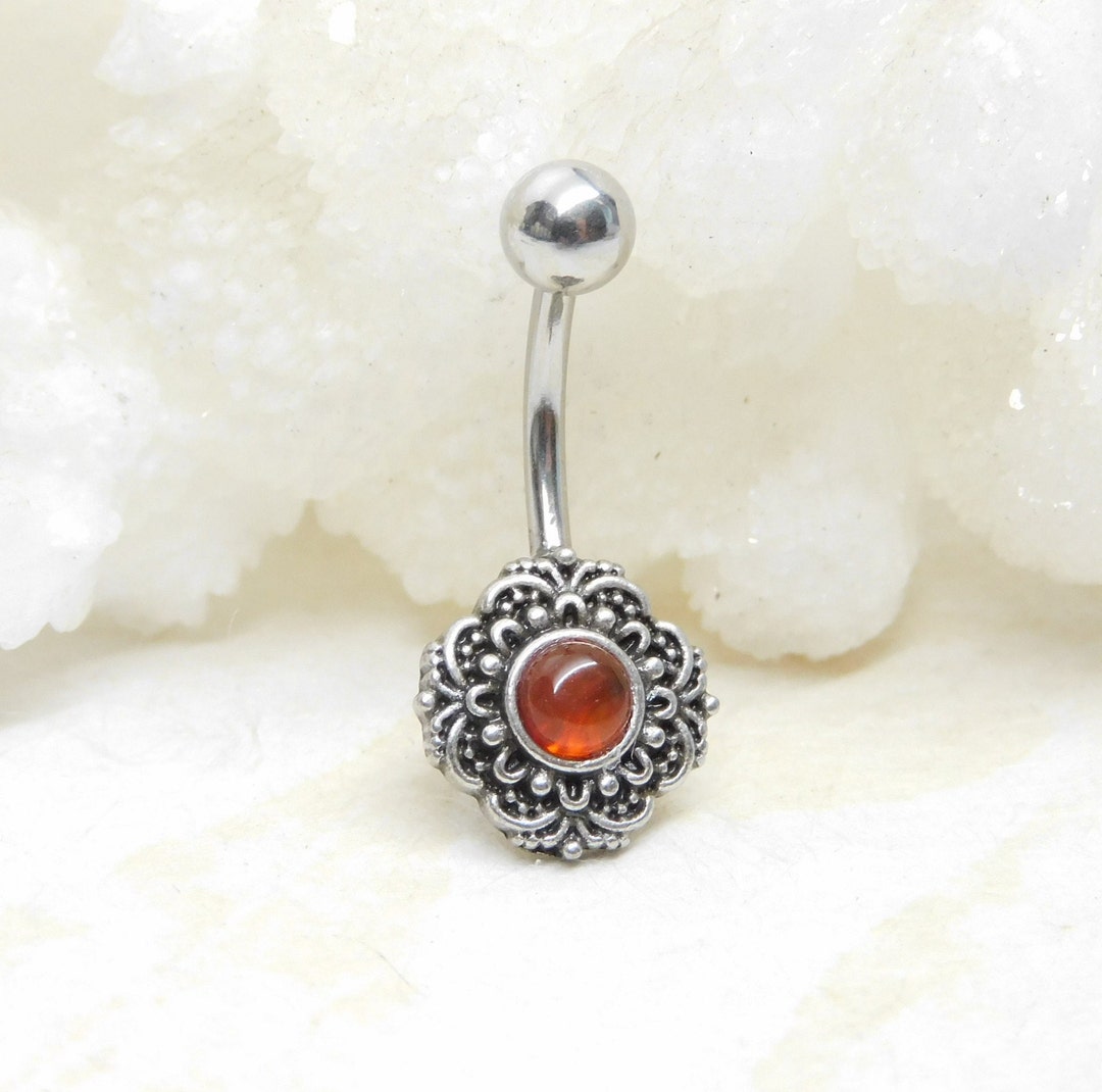 Carnelian Vintage Floral Belly Ring With Custom Bar Length, Gemstone ...