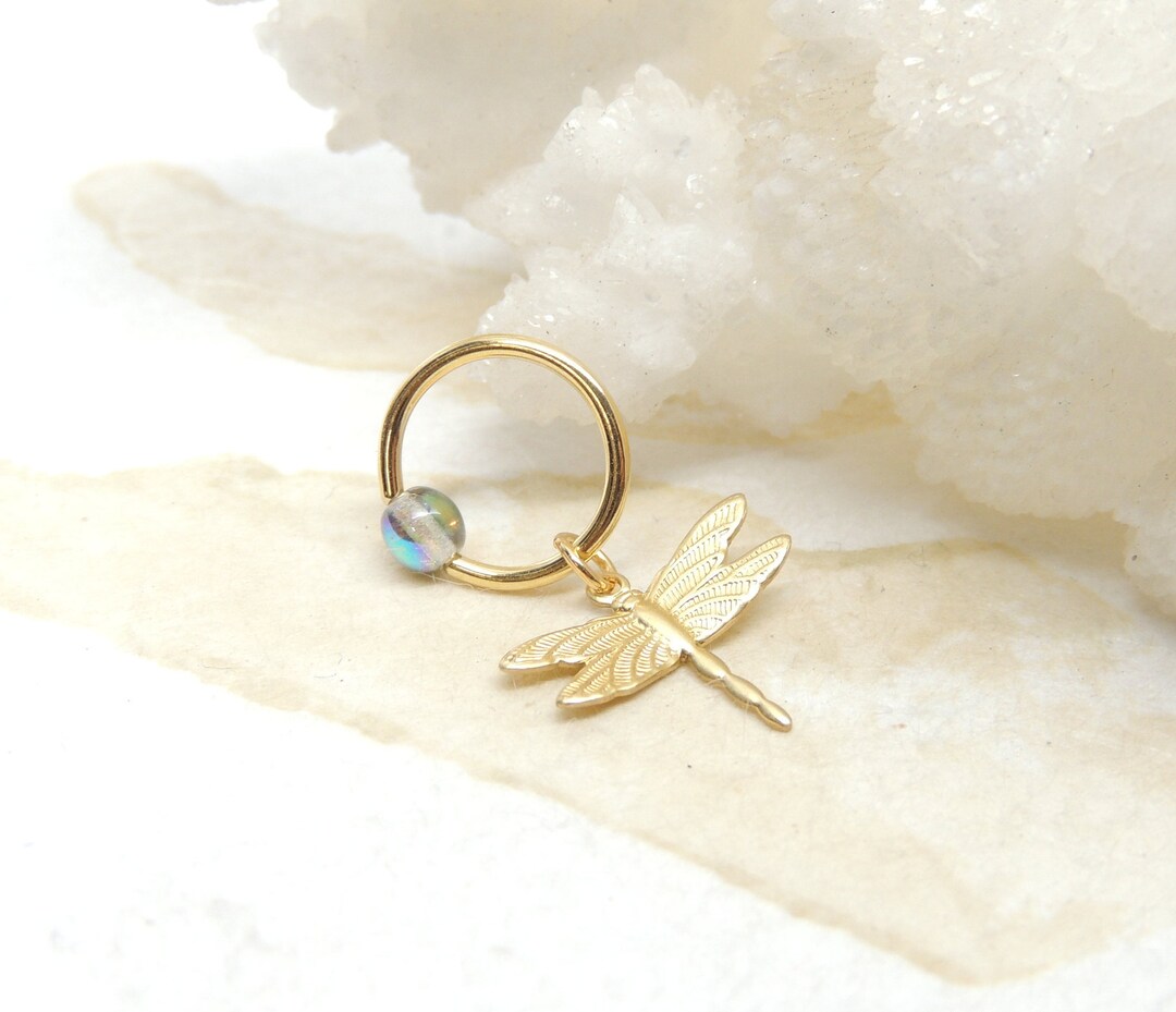 16g Gold Cartilage Hoop Earring With Dragonfly, CBR Captive Bead Ring ...