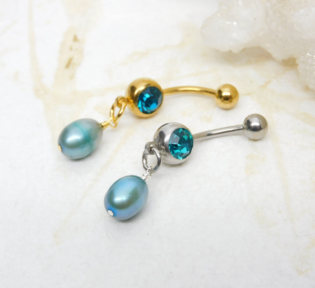 Teal Pearl Belly Ring You Choose Finish, Belly Button Jewelry, Dangle ...