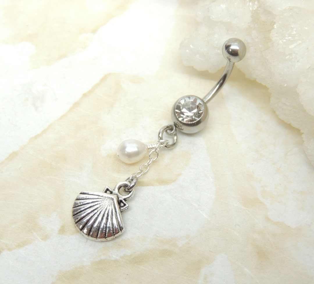 Sea Shell Belly Button Ring With Pearl Dangle You Choose Charm, Dangle ...