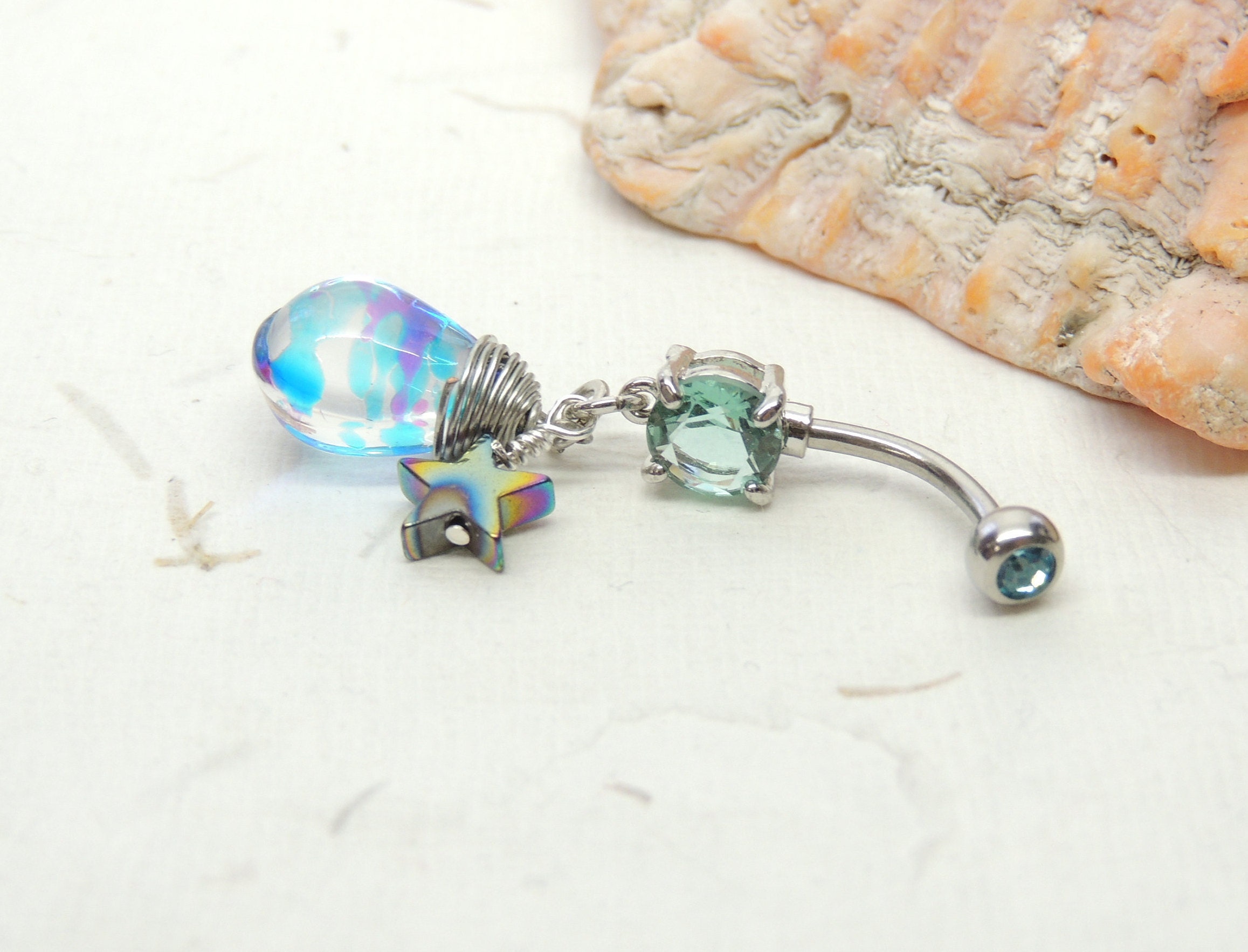 Wire Wrapped Teardrop Dangle Belly Ring with Rainbow Star | Etsy