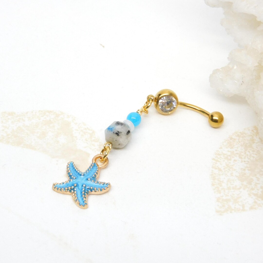 Blue Starfish Gold Belly Ring, Beach Wedding Jewelry, Navel Rings, 14g ...