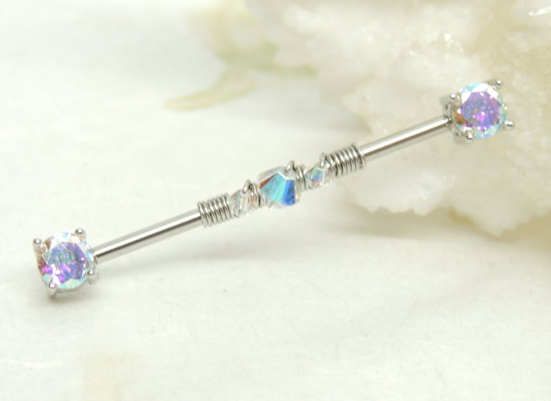 Aurora Borealis Wire Wrapped Industrial Barbell Scaffold Ear | Etsy