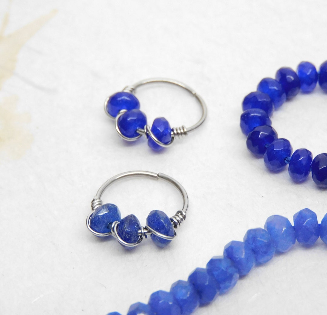 Blue Sapphire Beaded Nose Ring Hoop, Wire Wrapped Cartilage Hoop ...