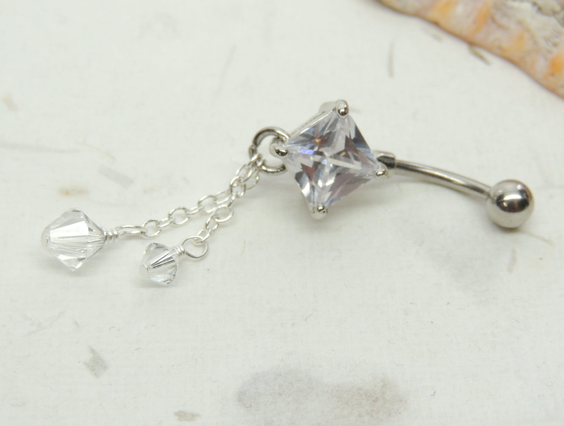 Prong Set Square CZ Belly Ring With Swarovski Crystal Dangles, Crystal ...