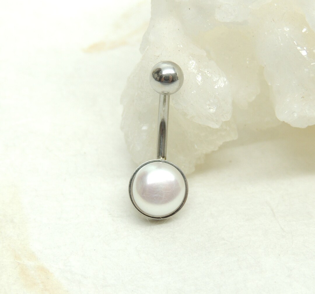 White Freshwater Pearl Belly Ring, Non Dangle Belly Ring, Simple Belly ...