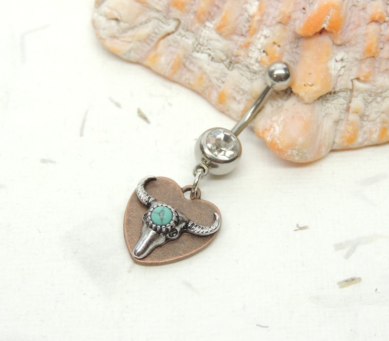 Western Cow Skull Dangle Belly Ring With Turquoise Skull - Etsy