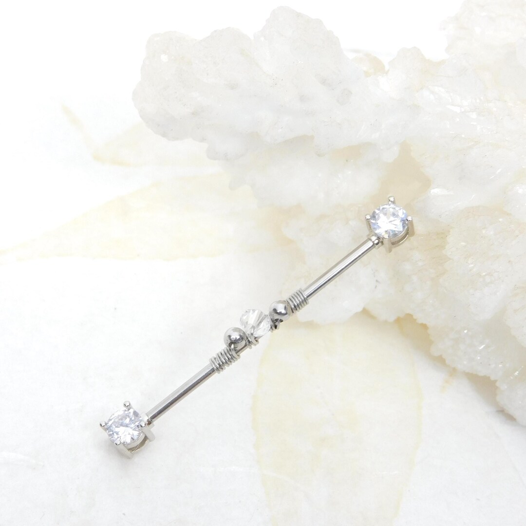 Clear Crystal Wire Wrapped Industrial Barbell, Scaffold Ear Earring ...
