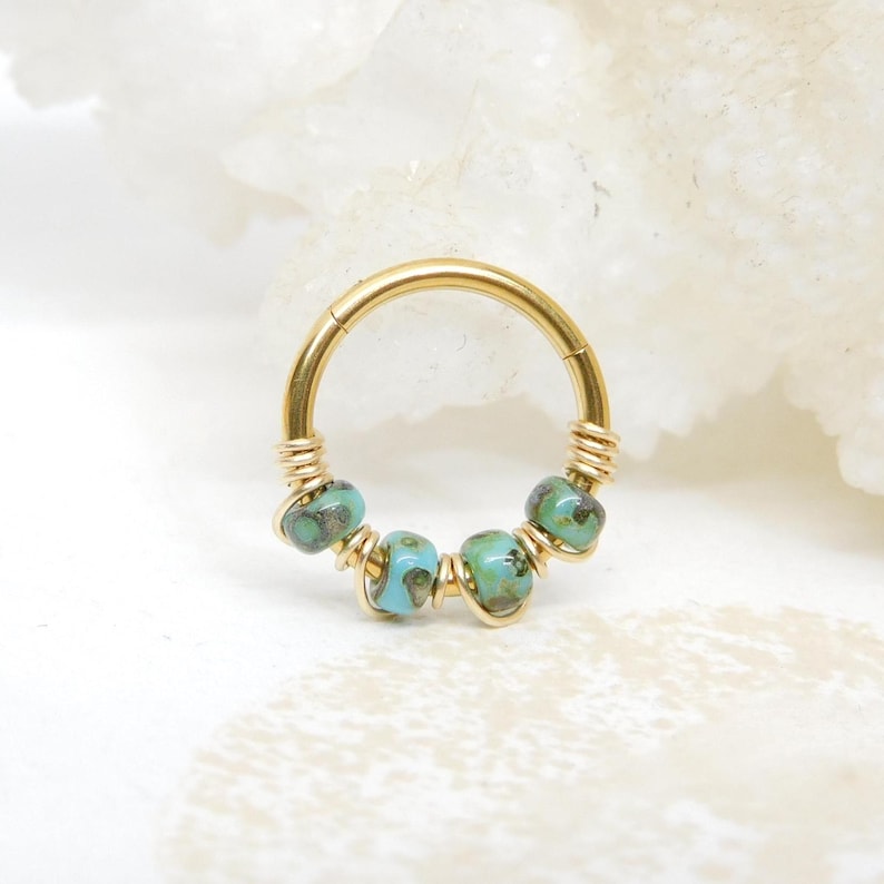 Turquoise Picasso Bead Septum Clicker, Cartilage Earring, Hinged ...
