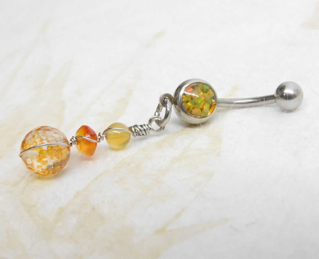 Citrine Carnelian Agate Gemstone Belly Ring With Opal Barbell, Wire ...