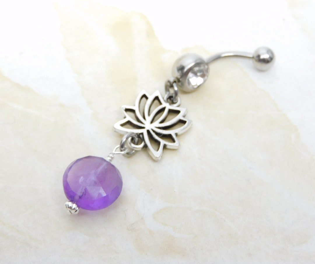 Lotus Flower Belly Ring With Amethyst Gemstone, Lotus Flower Belly Ring ...