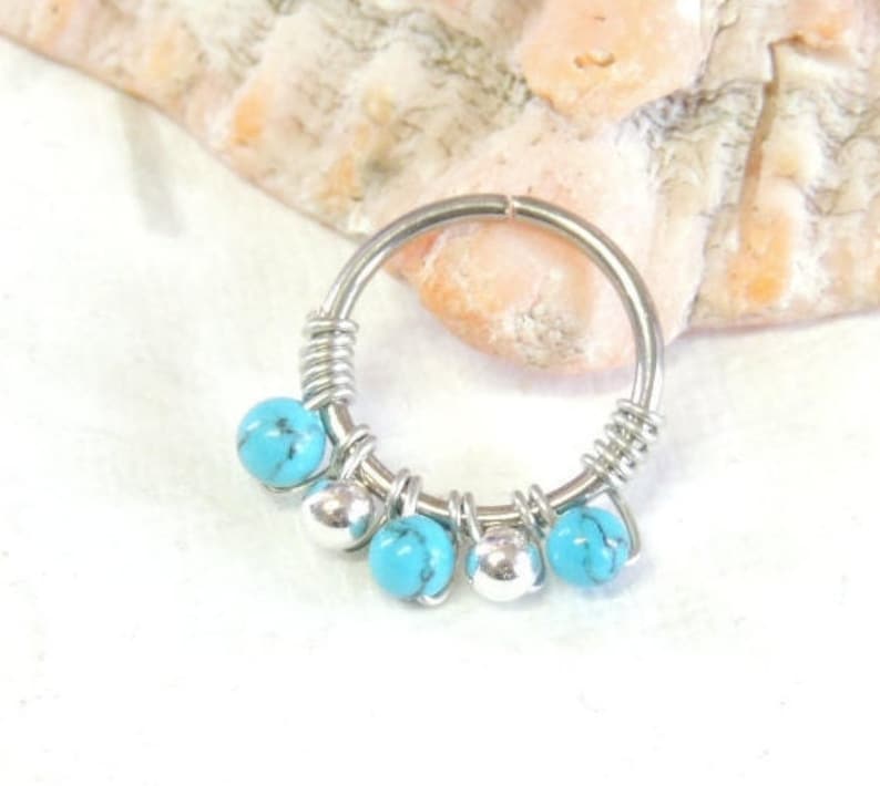 Turquoise Beaded Nose Ring Hoop, Wire Wrapped Cartilage Hoop Earring ...