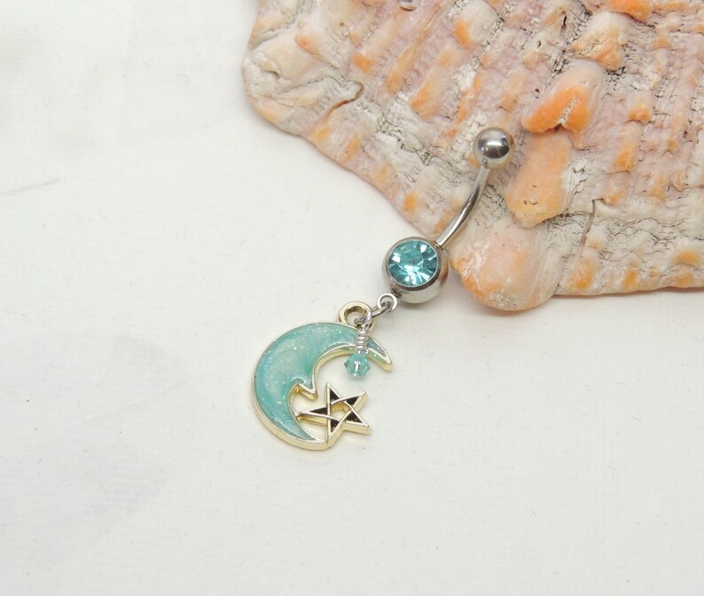 Blue Crescent Moon and Star Belly Ring Dangle Belly Ring - Etsy