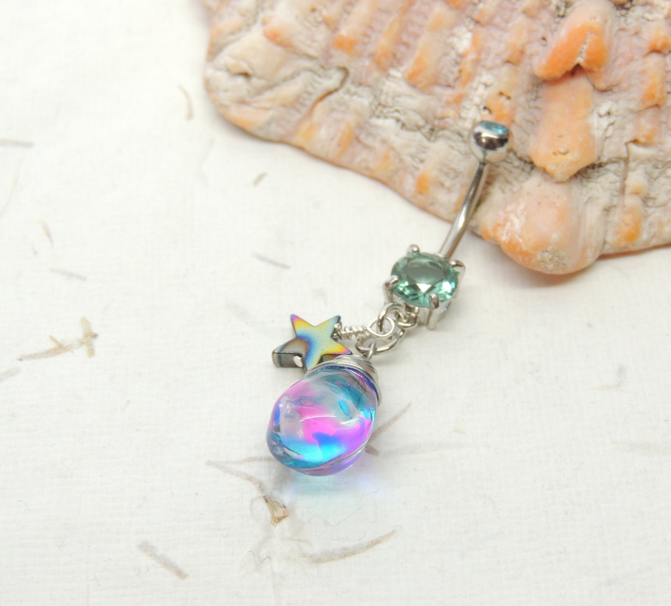 Wire Wrapped Teardrop Dangle Belly Ring with Rainbow Star | Etsy