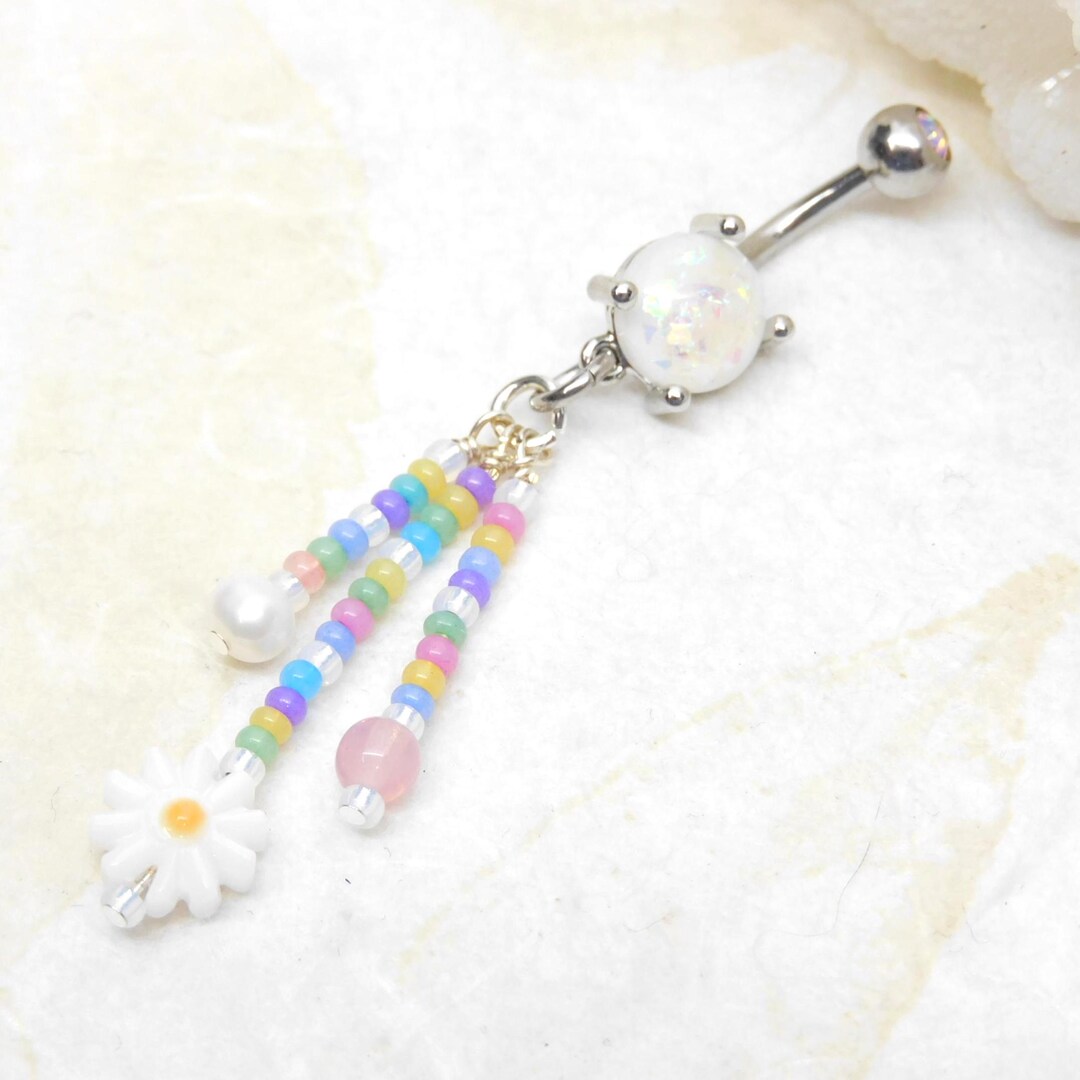 Daisy Flower Bow Dangle Belly Ring, Navel Ring, Body Jewelry, 14g Navel ...