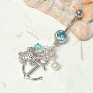 Anchor Turtle Belly Ring With Pearl and Crystal Accents, Belly Button ...
