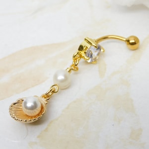 Gold Seashell Pearl Dangle Belly Ring, Nautical Beach Belly Ring, Navel ...