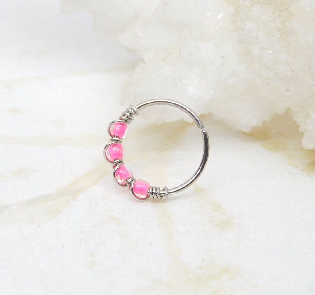 Hot Pink Snug Tiny Nose Hoop, Beaded Nose Hoop, Cartilage Hoop, Helix ...