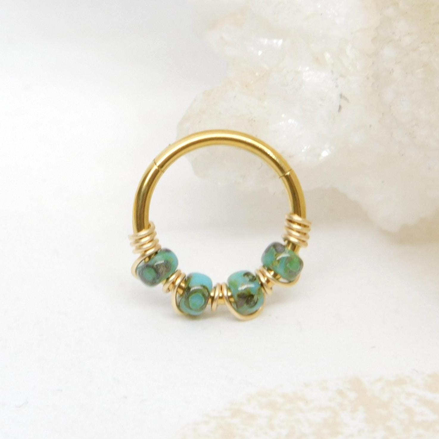 Turquoise Picasso Bead Septum Clicker, Cartilage Earring, Hinged ...